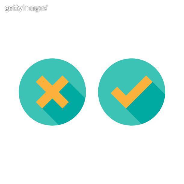 Set of check mark icons. Squared orange tick and cross with shadow in ...