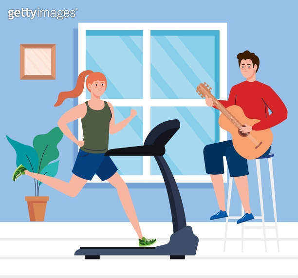 couple in the house, doing activities, woman running on treadmill and ...