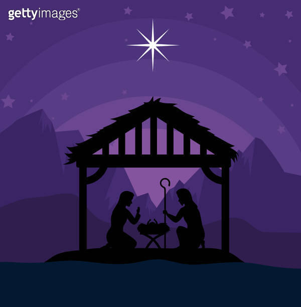 merry christmas nativity mary joseph and baby on purple background ...