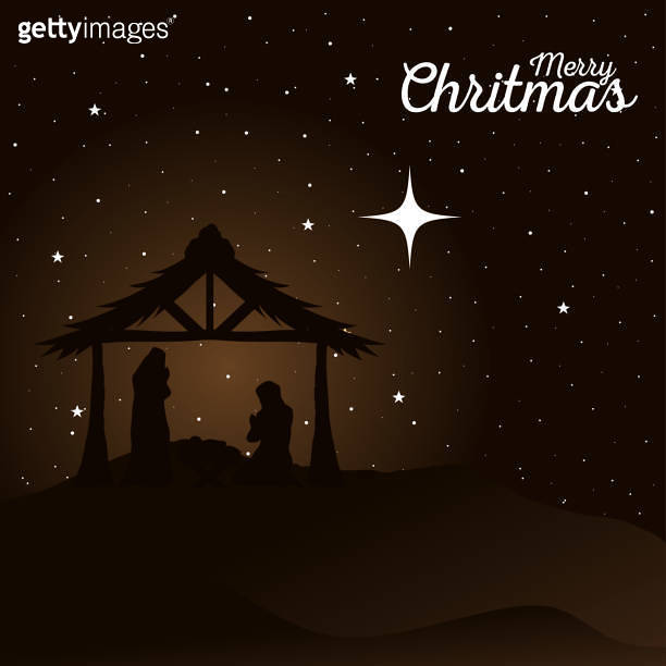 merry christmas and nativity mary joseph and baby in hut on brown ...