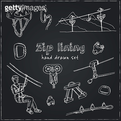 Zip line hand drawn doodle set. Vector illustration. Isolated elements ...