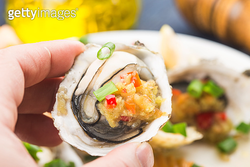 Assorted fresh shellfish-Green Mussels, Oysters, Scallopsbarbecue ...