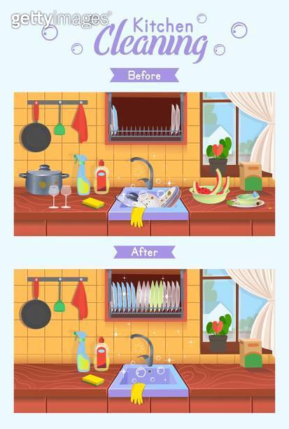 Clean and dirty kitchen. Kitchens sinks with clean and dirty dishes. A ...