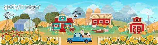 Farm panorama with a greenhouse, barn, houses, mills, fields, trees and ...