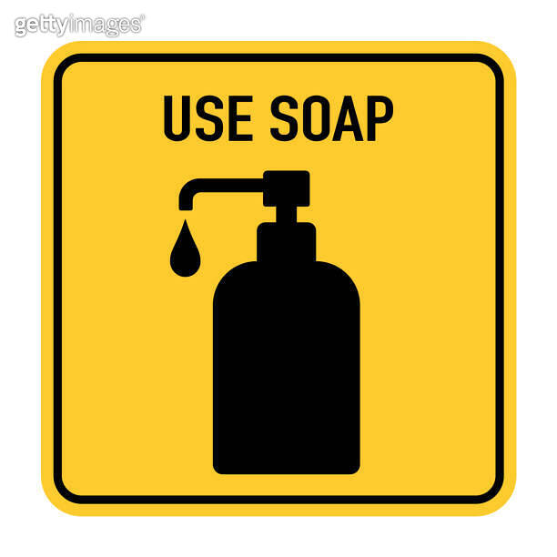 Soap bottle sign or symbol to remind people to soap to clean hands and ...