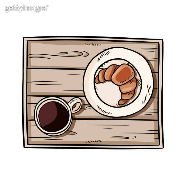Breakfast to bed tray. Croissant with coffee on a decorative old wooden rustic tray doodle. Top ...