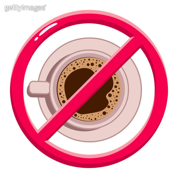 Banned coffee. Top view coffee or tea cup. Forbidden drink in a flat ...
