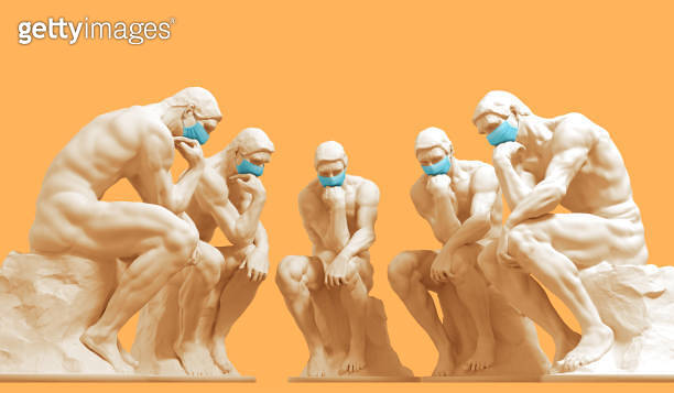 Five thinkers in medical masks ponder a solution to a problem 이미지 ...