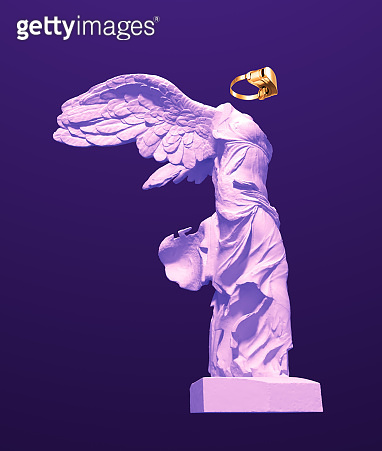 3D Model Of Winged Victory With Golden VR Glasses On Purple Background ...