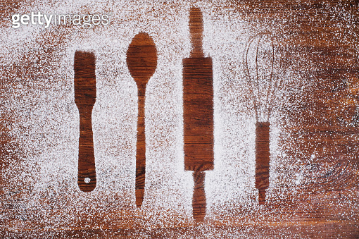 Top view bakery products and tools on white background, pasta, bread ...