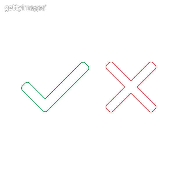Tick and cross signs. Green checkmark OK and red X icons, isolated on ...