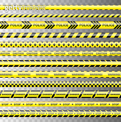 Police warning line set. Black and yellow police strip. Caution and ...