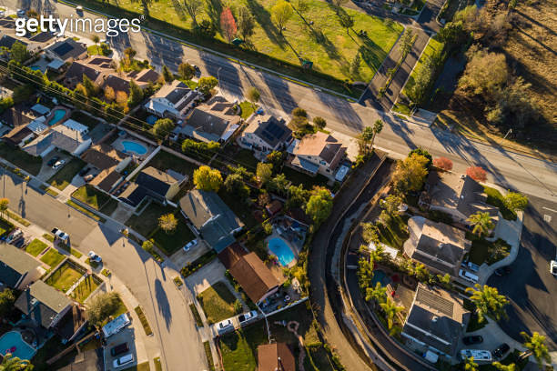 The aerial top view, directly above drone video of the residential ...