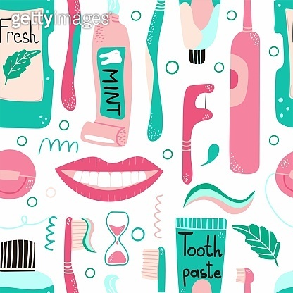 Cleaning mouth tools doodle seamless pattern. Toothbrush, toothpaste ...