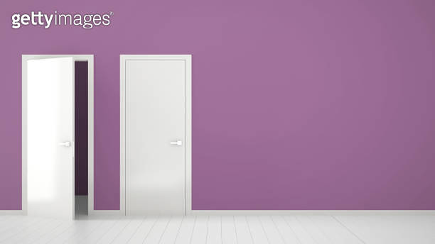 Empty purple room interior design with open and closed doors with frame ...