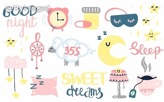 Sleep and insomnia doodle set. Cute emblems in pastel colors pillow ...