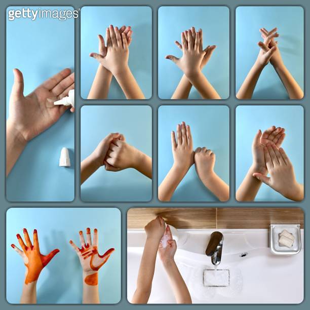 Collage instruction of proper hand washing with soap. Antiseptic ...
