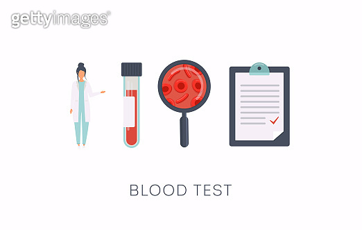 Blood test concept. Set of medical test tube, blood cells under a ...