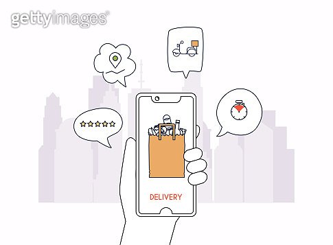 Hand holding mobile smart phone with delivery food app. Order food ...