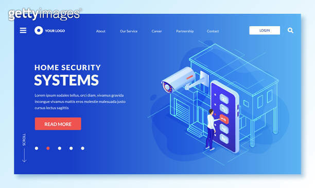 Smart home security system concept. Vector 3d isometric illustration. Man controls CCTV camera ...