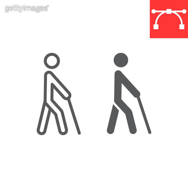 Blind man with walking stick line and glyph icon, disability and ...