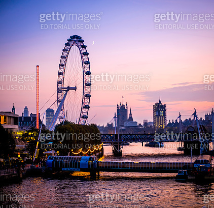 View from Waterloo Bridge over River Thames towards London Eye ...