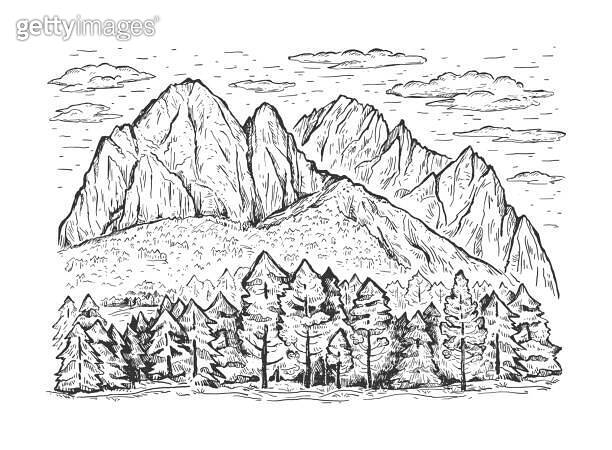 Sketch vector illustration with hand drawn high mountains, clouds and ...