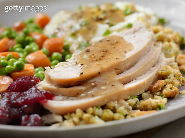 Roast Turkey Dinner With Stuffing, Mashed Potatoes, Cranberry Sauce ...
