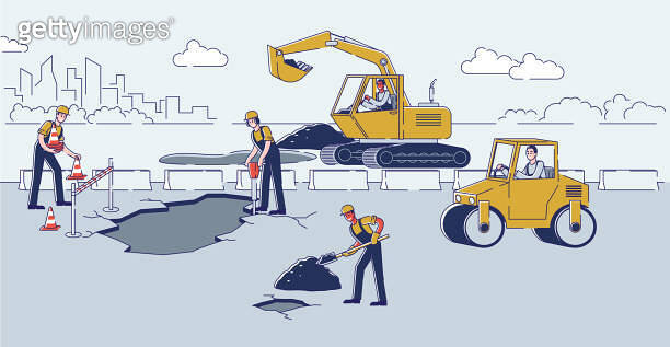 Concept Of Road Works. Workers Repair Road Surface. People Work With ...