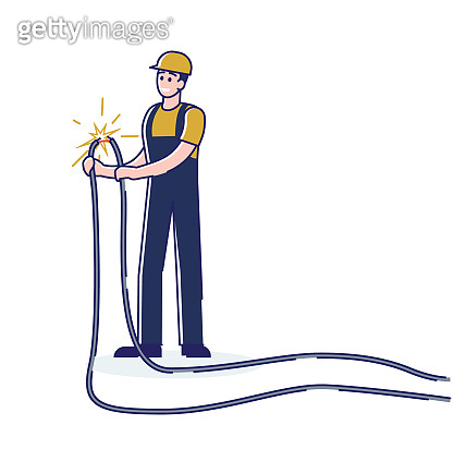 Electrician man holding electric cable with electricity spark. Engineer ...