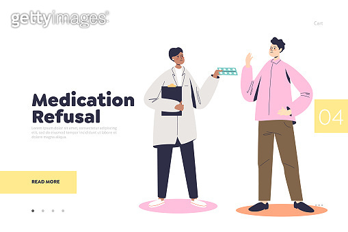 Medication refusal landing page concept with man refusing to take pills ...