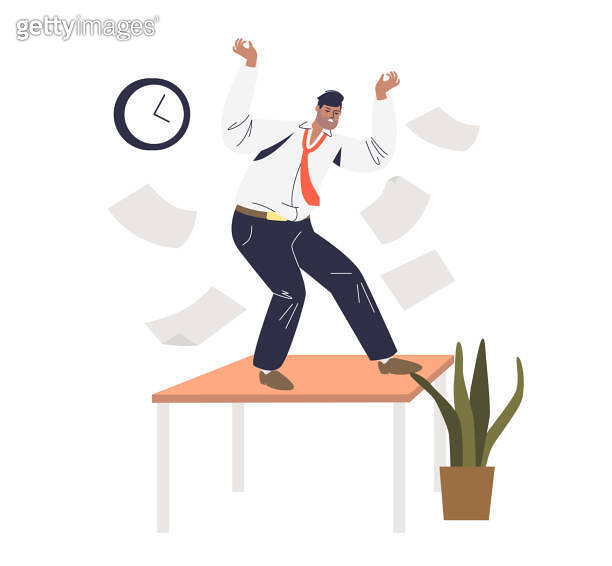 Stressed furious businessman throwing papers and standing on office ...