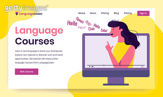 Vector first screen template with female language tutor demonstrating ...