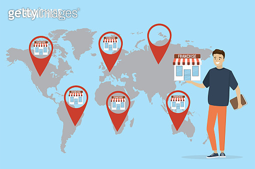 Development of global franchise network. World map with shops ...