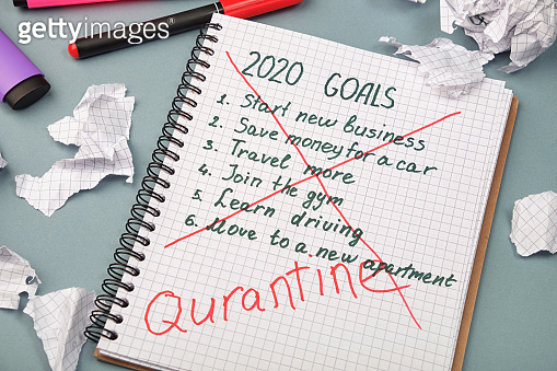 Notepad page with crossed out annual goals and inscription Quarantine ...