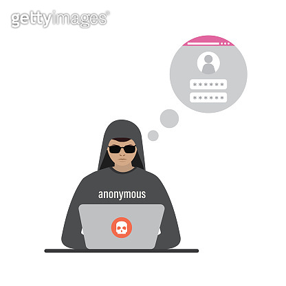 Cartoon man using laptop. Hacker at work, anonymous attacking computer ...