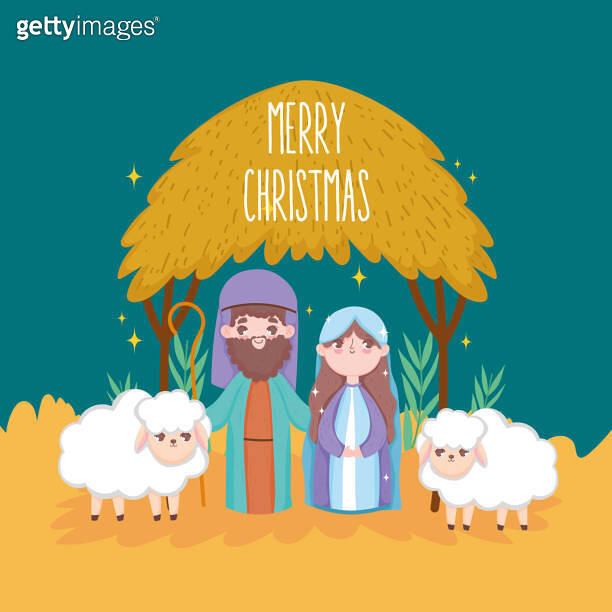 mary joseph with sheeps hut manger nativity, merry christmas ...