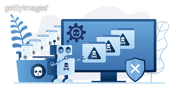 Network piracy danger. Errors on monitor screen. Pirate attack ...