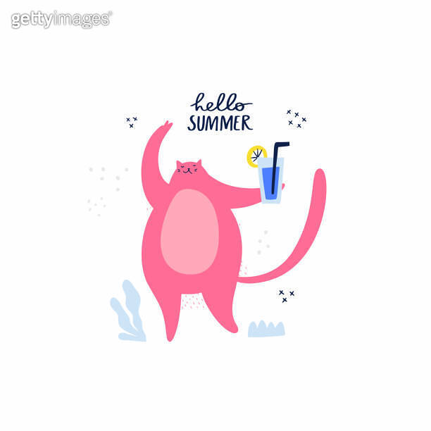 Happy dancing pink cat with cocktail. Color flat hand drawn vector ...