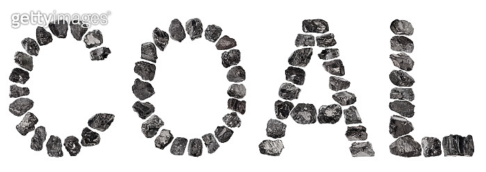 Word COAL made of black stones white background isolated closeup ...