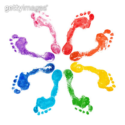 Rainbow color human footprints circle white background isolated ...