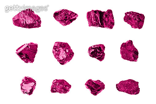 Pink gem stones set white background isolated close up, raw gemstones ...