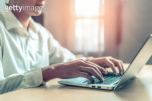 Businessman hand using laptop computer in office. 이미지 (1248867384) - 게티 ...