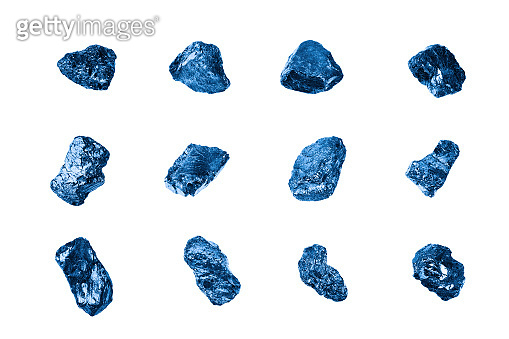 Dark blue gem stones set white background isolated closeup, raw ...