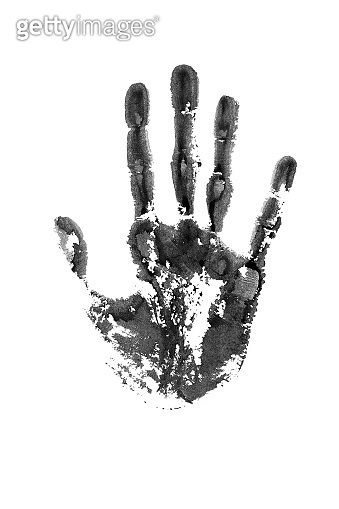 Black watercolor print of human hand on white background isolated ...