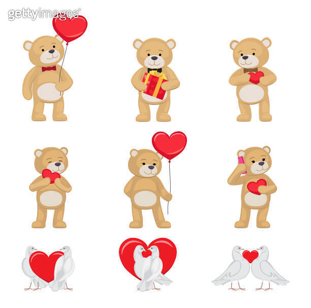 Cute Soft Toy Bears and White Doves in Love Set (1198703629) - 게티이미지뱅크