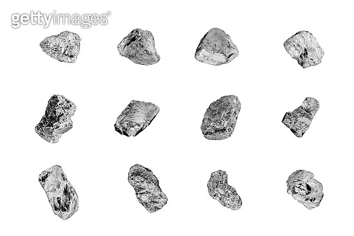 Silver stones set white background isolated closeup, iron mine nugget ...