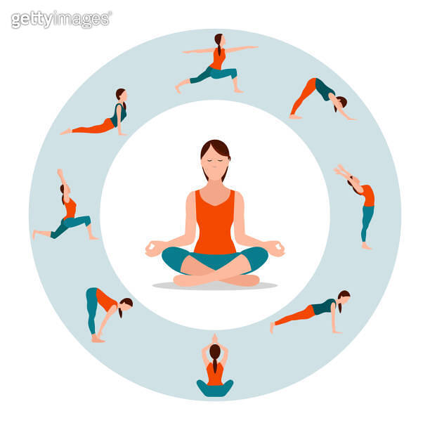 Circle with Female Icons in Different Yoga Poses (1214271928) - 게티이미지뱅크