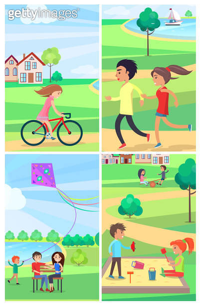 Kids and Adult Spending Time Actively Park Poster (1212337299) 일러스트, 무료 ...