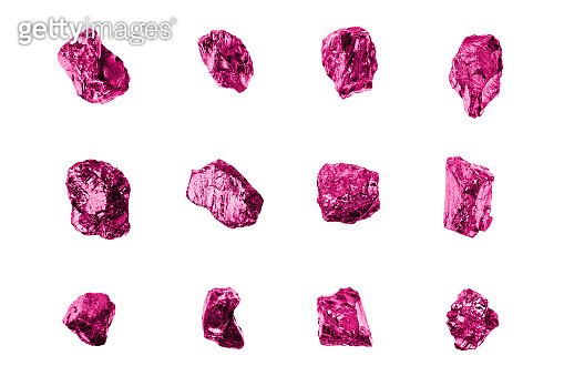 Pink gem stones set white background isolated close up, raw gemstones ...